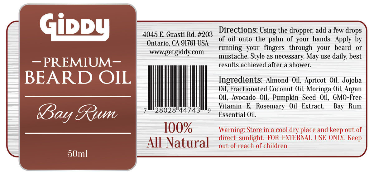 Bay Rum Premium Beard Oil - Giddy - All Natural Skin Care